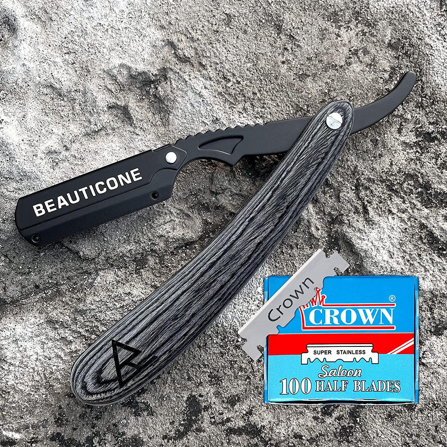 BEAUTICONE Professional Barber Straight Razor for Men | Matte Black ...