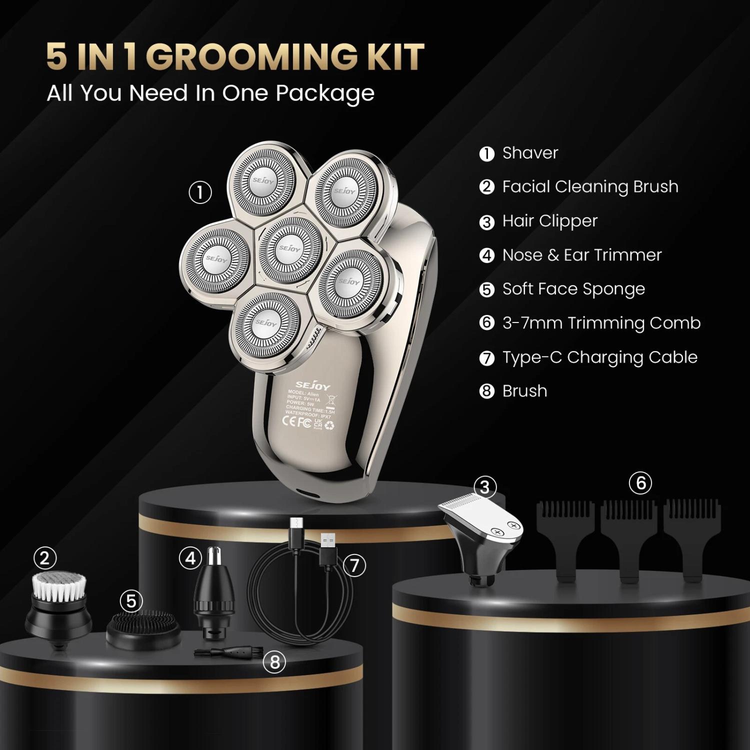 SEJOY 5 in1 Electric Razor Wet Dry Head Shaver for Bald Men Trimmer ...