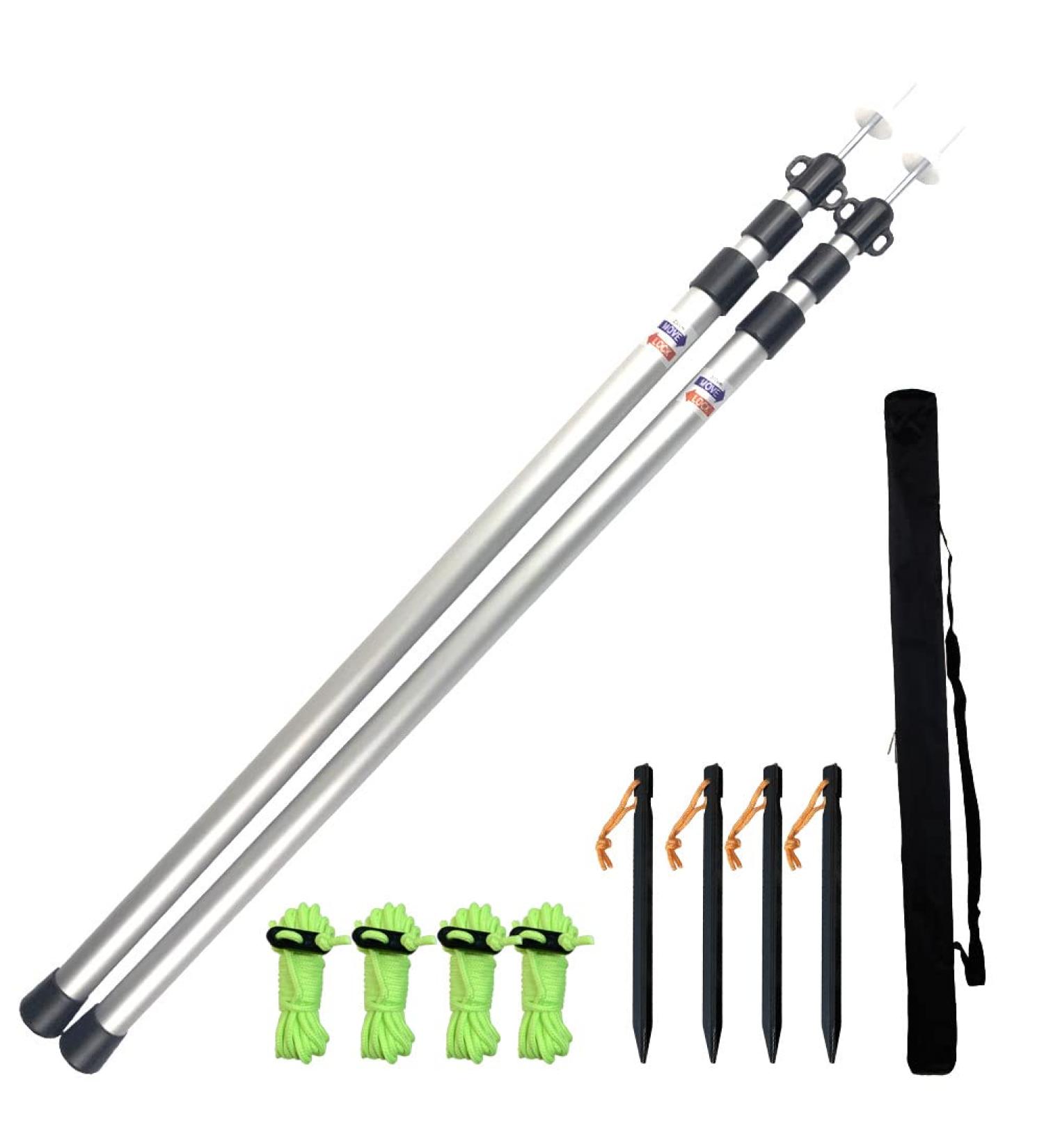 Telescoping Tarp Poles Set of 2 Adjustable Aluminum Rods for Camping Shelter Lightweight Portable Replacement Tent Poles with Zipper Bag 2Pack Silver