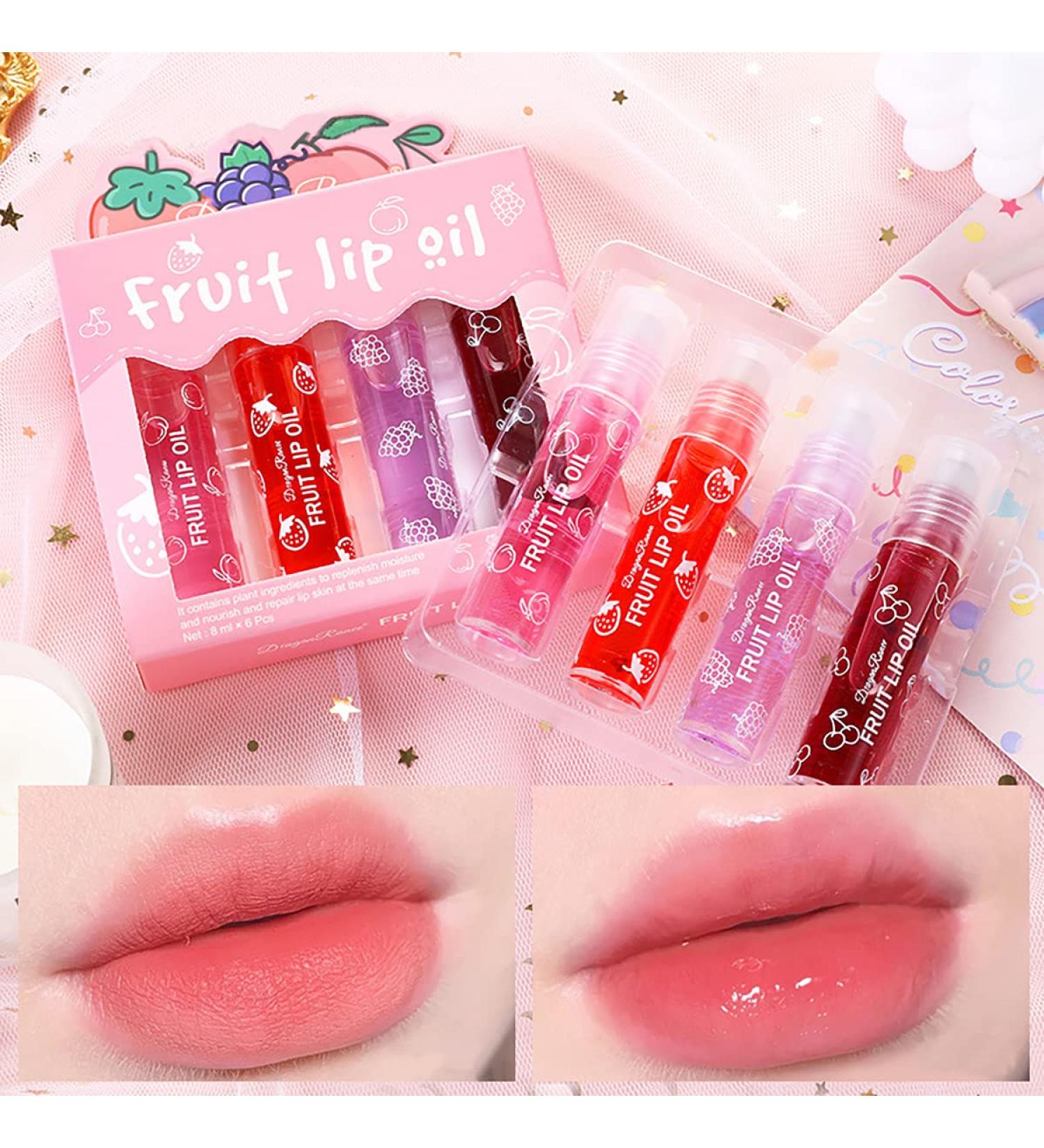 Alisesun 4 Pcs Fruit Roll on Lip Gloss Set Clear Jelly Liquid Lipstick for Plump Hydrated Lips Non Sticky Moisturizing Formula Great Gift for Women and Girls