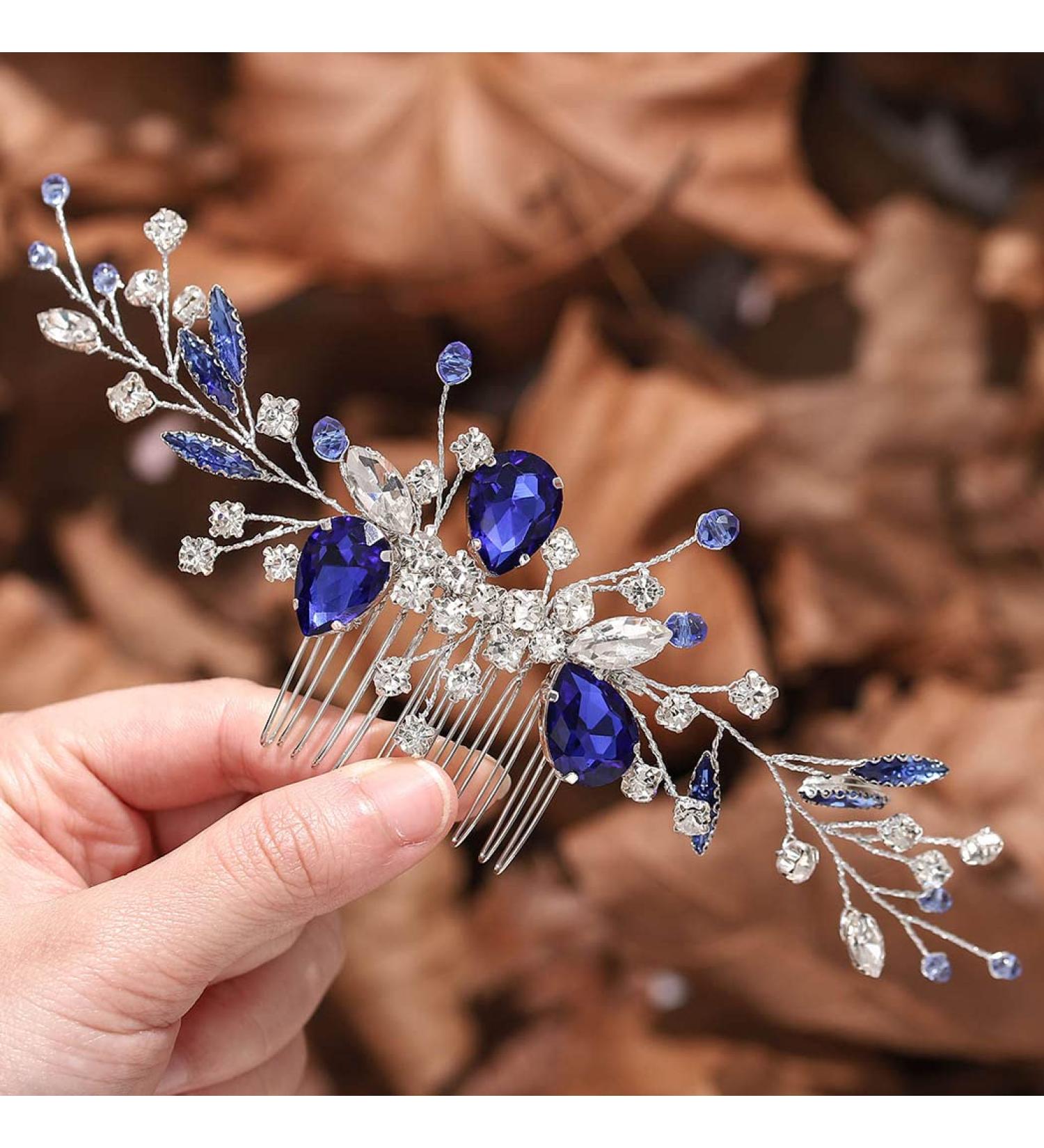 YBSHIN Blue Rhinestone Wedding Hair Comb Silver Bridal Headpiece for Women Style 1 Blue Crystal
