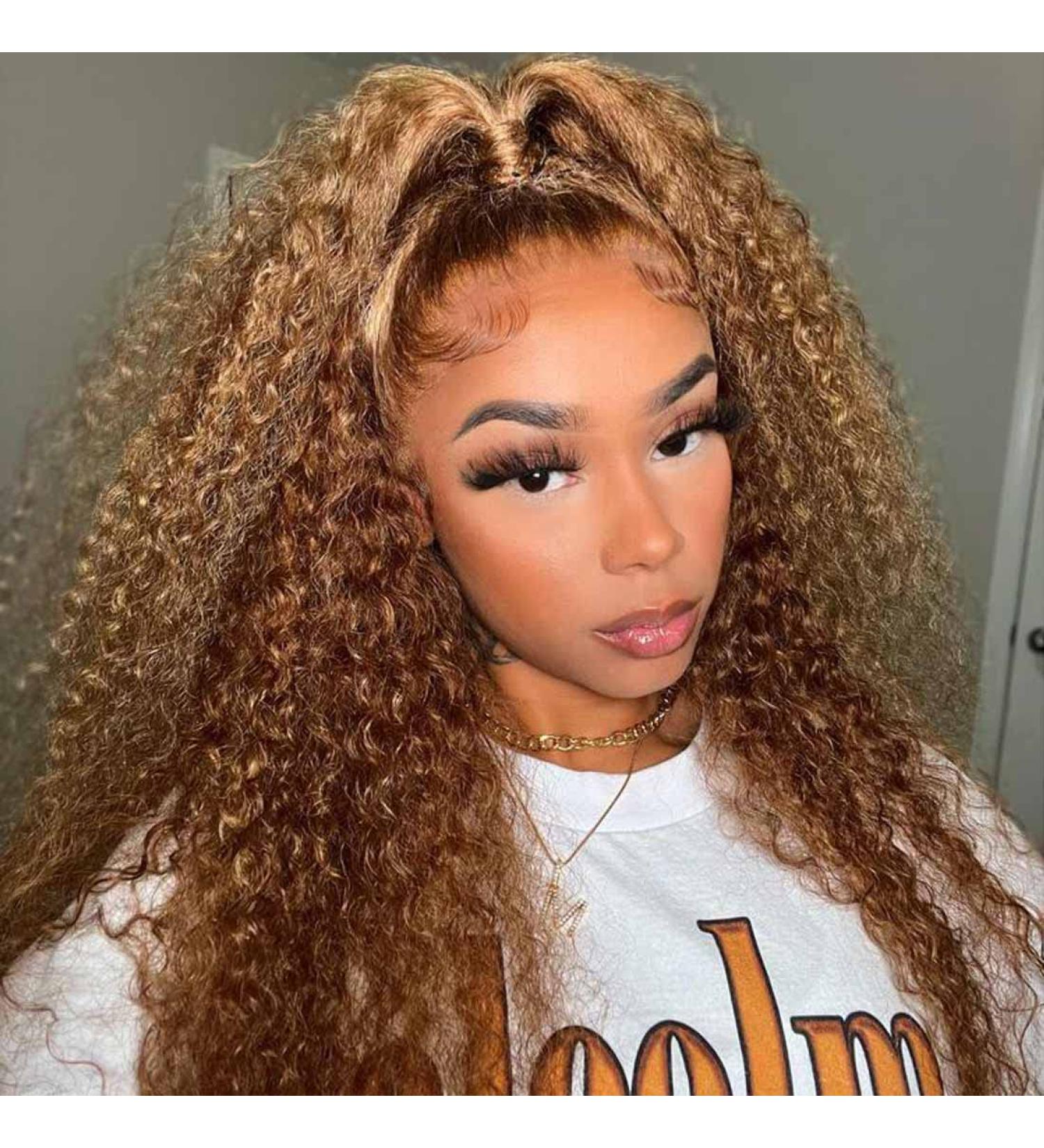 Beauty Forever TL412 Curly Highlight 22 Inch Lace Front Wig Brazilian Remy Human Hair Honey Blonde 13x4 Lace Frontal Pre Plucked 150 Density for Black Women