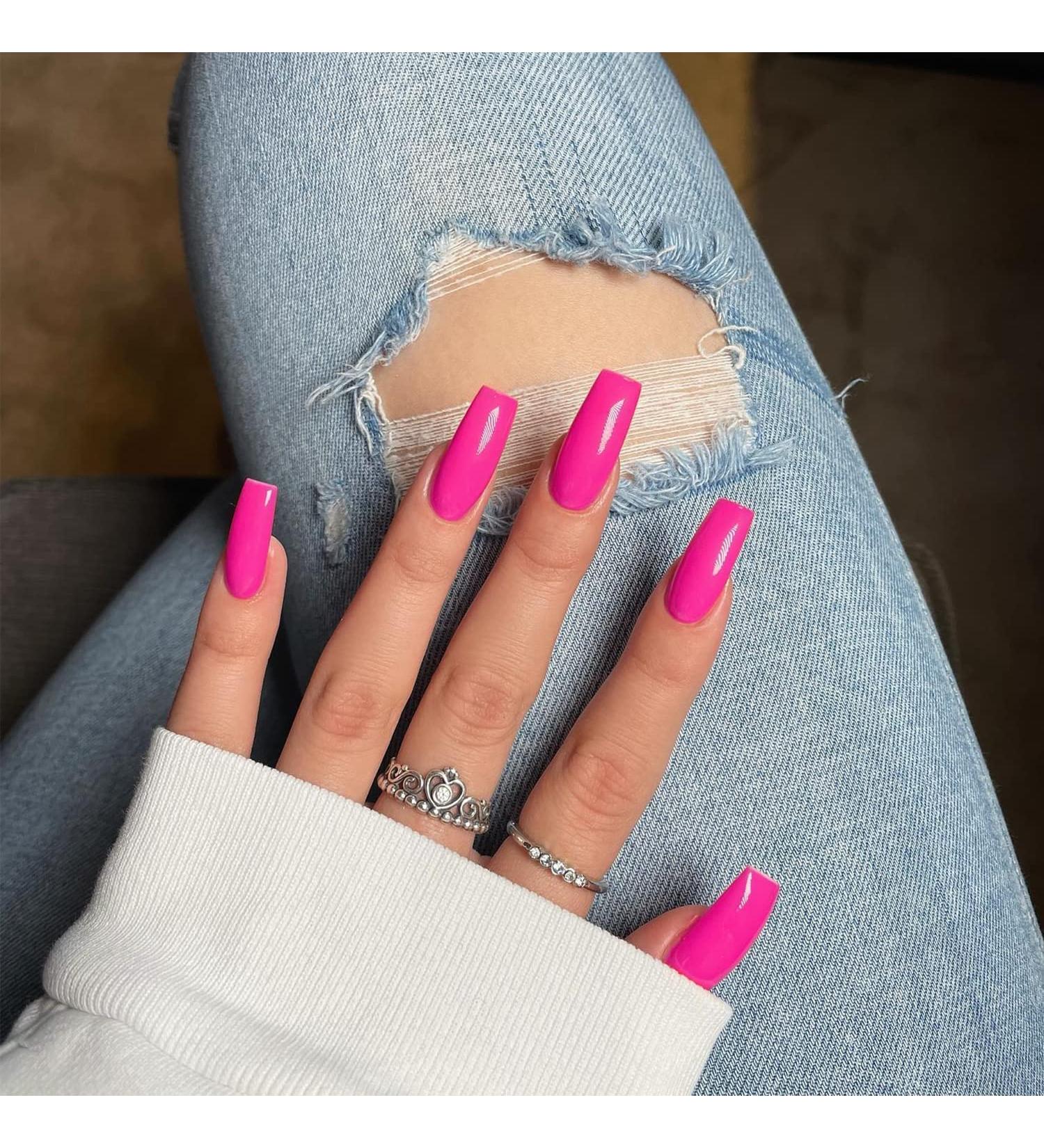 Hot Pink Medium Long Square Press On Nails Glossy Coffin Style with Xcreando Glue Perfect Fake Nails for Women and Girls