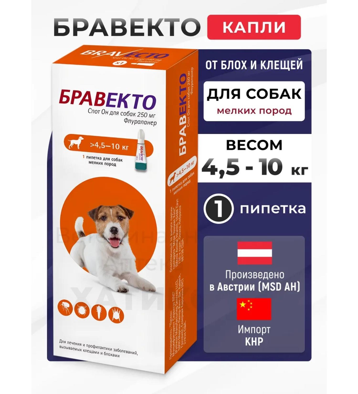 bravecto 250 mg 4.5-10kg 1 pipette (07.2026) import | Buy Now with ...